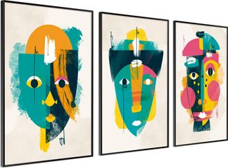 DekoArte Bilder Wandbilder Wohnzimmer GESICHTER PICASSO 50x70 cm x3 teilig - Bilder mit Rahmen schwarz im Lieferumfang enthalten