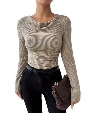 Generic Tunique &agrave; manches longues et col b&eacute;nitier en tricot c&ocirc;tel&eacute; fronc&eacute; coupe ajust&eacute;e pour femme pour lautomne et lhiver, le travail, haut basique mignon po