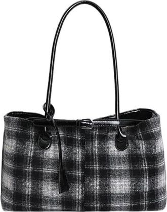 Generic Sac &agrave; main en laine &agrave; carreaux pour femme, couleur maillard, sac &agrave; bandouli&egrave;re, sac &agrave; provisions pour voyage, shopping, utilisation quotidienne, Noir,