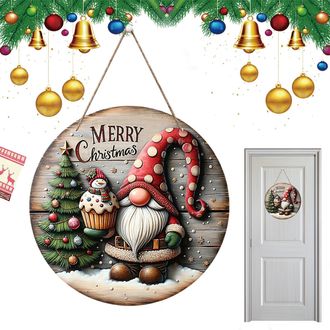 Generic Frohe Weihnachten Haustürschild,Wichtel Haustürschild, Atmosphäre Türschild Dekoration, Rundes Türschild aus Holz mit Zwergen- und Baummuster für Fens