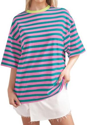 Generic T-shirt surdimensionné à rayures à manches courtes et col rond pour femme, B8-rose vert, Taille XL