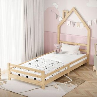 ML Design Kinderbett Haus 90x200 cm Natur, Hausbett f&uuml;r Kinder, Holzbett mit Lattenrost, Schornstein Design, Jugendbett aus massivem Kiefernholz, Bettgestell