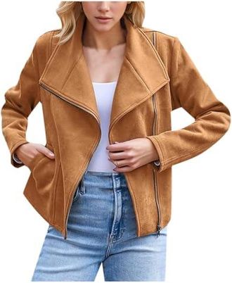 Generico Veste de moto courte dautomne et dhiver pour femme avec doublure polaire en daim aspect cuir, marron, XL