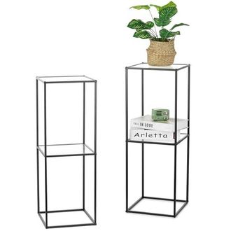 Nuptio Support Plantes Interieur Metal: 2 Pi&egrave;ces 80cm Noir Porte Plante avec Panneau Acrylique &agrave; 2 Niveaux pour Decoration Maison - Vase de Fleurs pour Centr