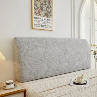 Generic Vintage Stretch Bettkopfteil Bezug Staubdichter Polsterbezug im europ&auml;ischen Stil mit gepr&auml;gtem Kopfteil Bezug Retro Muster Gro&szlig;e Bl&auml;tter - Hellgrau 1
