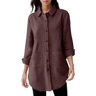 Generic Chemises en lin pour femme - Haut long boutonn&eacute; - Grande taille - Chemisier avec poches - Chemise de nuit grande taille pour femme, caf&eacute;, 3XL