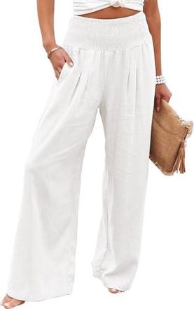 SHEKINI Pantalon Femme en Lin Élastique Pantalon avec Poches Ample Fluide Jambe Larga Pantalon Décontracté à Taille Haute Elegant Casual Pants