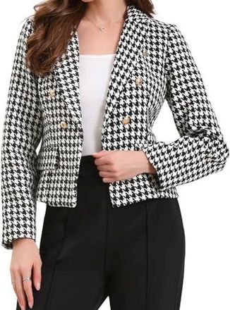 Allegra K Blazer &agrave; Revers Crant&eacute; Femme en Tweed, &Agrave; Motif Pied-De-Poule, Veste de Manches Longues daffaires, Costume de Travail Noir L