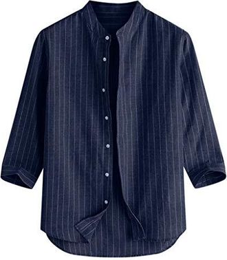 Generic Chemise en coton et lin pour homme - Chemisier d&eacute;t&eacute; ray&eacute; en coton d&eacute;contract&eacute; - Col haut &agrave; 7 points - Chemise &agrave; manches boutonn&eacute;es - Tunique pour homm