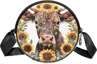 Generic Sac &agrave; bandouli&egrave;re rond pour femme, motif vache et tournesols avec fermeture &eacute;clair et bretelles r&eacute;glables