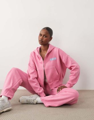 KAIIA Sweat &agrave; capuche densemble oversize en coton majoritaire &agrave; logo imprim&eacute; - Rose et bleu