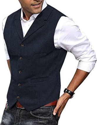 Solovedress Gilet de costume homme Vintage revers cranté Tweed La laine pour le mariage(Marine Foncé, XXXL)