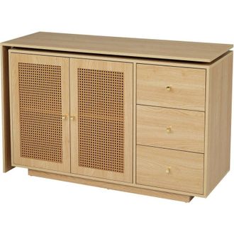 Urban Meuble Bureau dangle modulable plateau pivotant &agrave; 360&deg; effet bois clair portes en rotin 3 tiroirs OBELISKSPIRE