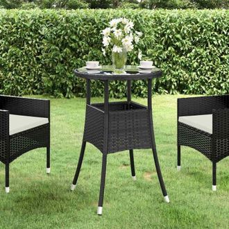 vidaXL Gartentisch Ø60x75 cm Hartglas und Poly Rattan Schwarz Vidaxl