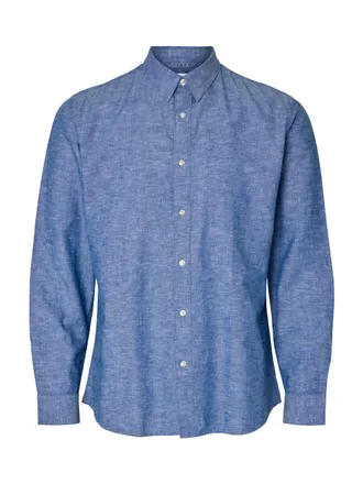Selected Langarmhemd SELECTED SLHSLIMSUN LS SHIRT CLASSIC D, Herren, Gr. XL, N-Gr, medium blau denim, Web, Obermaterial: 71% Baumwolle, 29% Leinen, unifarben, 