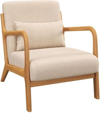 HOMCOM Homcom - Fauteuil lounge - 3 coussins inclus - assise profonde - accoudoirs - structure bois hévéa - aspect velours beige