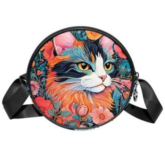Generic Sac &agrave; bandouli&egrave;re rond rond pour femme, motif chat color&eacute;, avec fermeture &eacute;clair, bretelles r&eacute;glables, style d&eacute;contract&eacute;