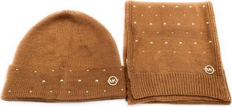 Michael Kors Schal & M&uuml;tze SET I Winterschal I Beanie I Wollschal I Winterm&uuml;tze I One Size I Weiche Acrylwolle I Logo I Goldene Perlen-Pailetten I Goldener Geschen