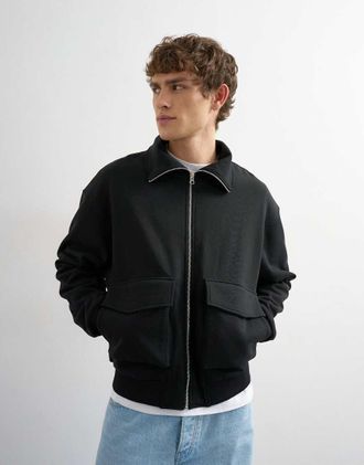 Topman Utility-Hemdjacke aus Jersey in Schwarz mit lockerem Schnitt und Stehkragen