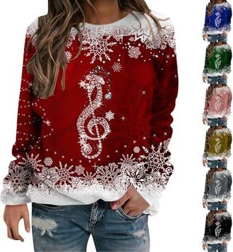 Generic HUIFUAO Sweat-shirt de Noël pour femme avec note de musique amusante flocon de neige hauts de Noël surdimensionnés tenues de Noël à manches longues pu