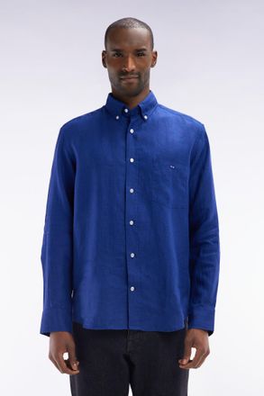 Eden Park Chemise En Lin Bleu Fonc&eacute; Unie Coupe Droite
