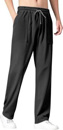 Generic Pantalon d&eacute;t&eacute; en coton et lin pour homme - Pantalon dentra&icirc;nement d&eacute;contract&eacute; - Pantalon fin et droit - Respirant, Noir, XXL