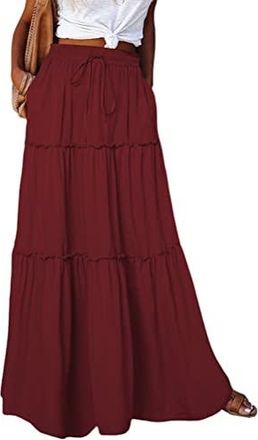 Onsoyours Femme Jupe Côtelé Longue Taille Haute Jupe Moulante Slim Casual Jupe Crayon Fendue Unicolore pour Printemps Eté Automne F Rouge L