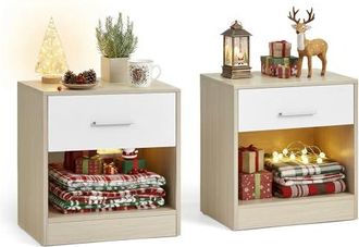 Vasagle Nachttisch, 2er Set, Beistelltisch, mit Schublade, Griff, offenes Fach, Couchtisch, f&uuml;r Schlafzimmer, Wohnzimmer, naturbeige-klassikwei&szlig; LET819T67