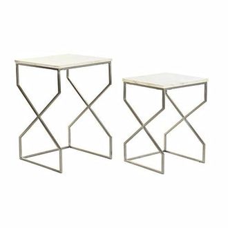 DKD Home Decor Set de 2 Tables Gigognes Argenté Métal Marbre 40 x 40 x 60,5 cm