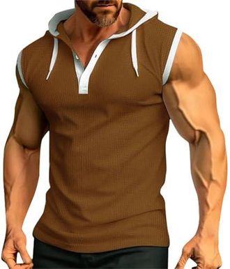 Generic DENGJIAMY D&eacute;bardeur &agrave; capuche sans manches gaufr&eacute; pour homme - T-shirt d&eacute;t&eacute; &agrave; boutons et col en V pour homme, caf&eacute;, XXL