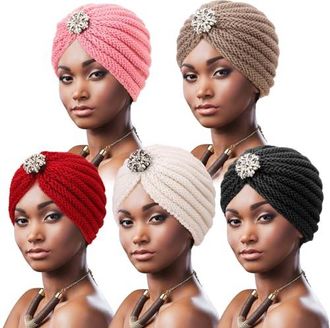 Dreshow Lot de 5 Bonnets Turban Femme Tricot Laine Croisé Twist Bonnet dhiver Chaud et Gros
