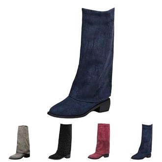 Generic Bottes à bout pointu pour femme - Bottes montantes au mollet large - Coupe large - Bottes occidentales à enfiler - Bottes basses dautomne et dextérieu