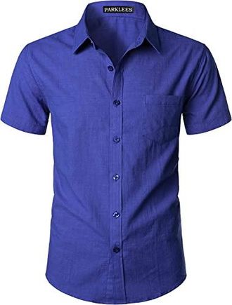 PARKLEES Chemise décontractée à manches courtes en coton et lin pour homme avec poche, Bleu roi pur, XXL