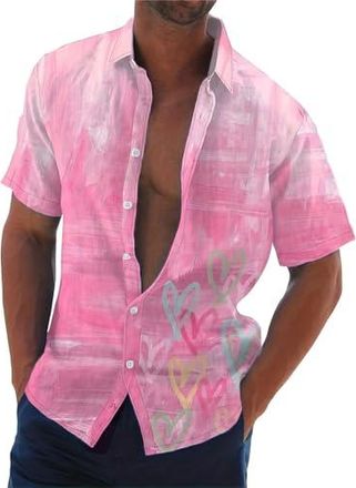 Generic Chemise boutonn&eacute;e &agrave; manches courtes pour homme pour la Saint-Valentin 2026, rose vif, 3XL