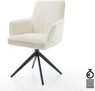 DELIFE Drehstuhl Heira-Flex mit Armlehnen Boucl&eacute; Wei&szlig; Kreuzgestell breit Schwarz 360&deg; drehbar Wippfunktion Taschenfederkern, Esszimmerst&uuml;hle