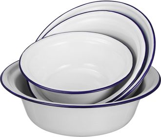 Luxshiny 4 Stück Emaille-Schüssel Weiß Rund Müslischale Vintage-Emaille-Suppenschüssel Salat-Servierschüssel Teigschüssel Mit Blauem Rand Brotschüssel Teller O
