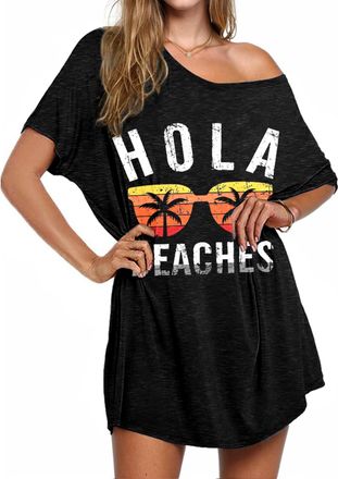 Ekouaer Damen Strandkleid Bikini Cover Up Sommer Strandponcho Bademode V-Ausschnitt Strand Lose Vertuschen Shirt mit Drucken S-XXL,Schwarz,XXL