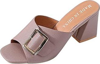 Generic Sandales &agrave; talon &eacute;pais pour femme - En cuir de couleur unie - Avec boucle - Sandales tendance &agrave; bout ouvert - Chaussures sexy avec bouche de poisson -