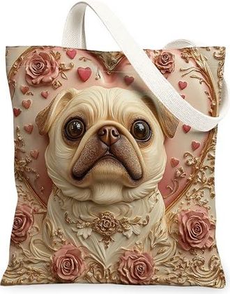 Generic Sac fourre-tout en toile motif carlin pour le shopping 33 x 38 cm, sac d&eacute;picerie r&eacute;utilisable pour la Saint-Valentin, motif de voyage, d&eacute;coration cade