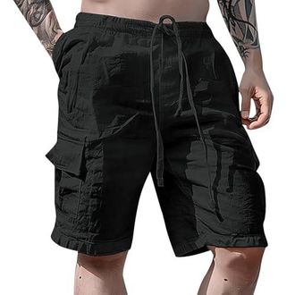 Generic Short dentra&icirc;nement d&eacute;contract&eacute; et tendance en coton et lin de couleur unie pour homme, coupe droite, Noir, XXL