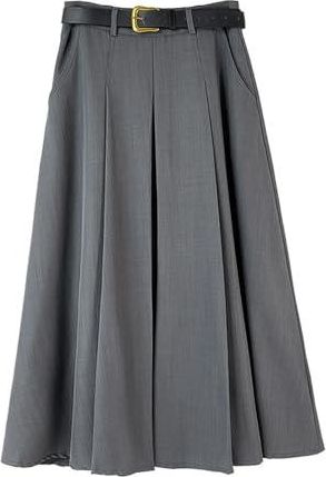 Generic Jupe plissée mi-Longue Simple avec Ceinture et Jupe Polyvalente-Gris Chanvre-XL
