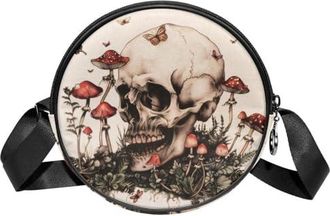 Generic Petit sac &agrave; bandouli&egrave;re circulaire pour femme, motif cr&acirc;nes, fleurs, petit sac &agrave; bandouli&egrave;re avec fermeture &eacute;clair, bretelles r&eacute;glables, sac &agrave; main ro