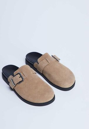 Topshop Amy - Mules zum Hineinschl&uuml;pfen aus echtem Leder in Beige mit Tierfelloptik und Schnalle-Neutral