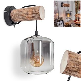 HOFSTEIN Wandleuchte Lauden, Wandlampe aus Metall/Holz/Glas in Schwarz/Natur/Rauchfarben/Klar, Leuchte im Retro/Vintage-Design, Schirm aus Glas (&Oslash; 15cm) u. An/