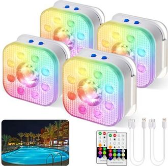 HL lumiere piscine, Lot de 4 lampes LED submersibles rechargeables, lumi&egrave;res de piscine, &eacute;tanches IP68, 16 lumi&egrave;res &agrave; changement de couleur avec t&eacute;l&eacute;comm