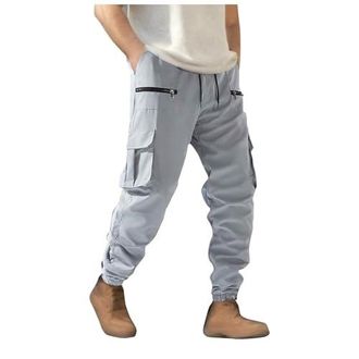 Generico Pantalon cargo pour homme avec plusieurs poches Pantalon d&eacute;contract&eacute; avec taille &eacute;lastique Pantalon de Jogging pour homme, gris clair, 3XL