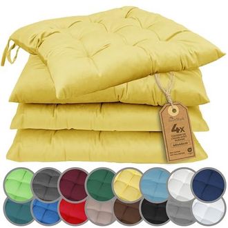NatureMark Lot de 4 Galettes de Chaises avec Rubans 40x40 cm - Coussin de Chaise Épais pour Intérieur & Jardin - Couleur Jaune