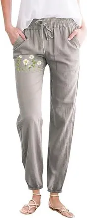 Generic Pantalon en coton et lin pour femme - Jambe large - Pantalon de plage d&eacute;t&eacute; pour femme - Confortable - Pantalon de yoga Palazzo XIYU26033, gris clair, 