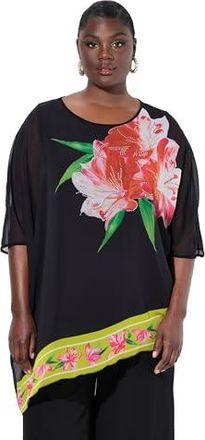 Ulla Popken Femme Grandes Tailles Blouse en Mousseline doublée, décolleté Rond et Manches Courtes, Fleurs avec Strass Noir 46+ 837907100-46+