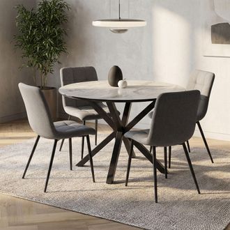 Homestyle4u Esstisch mit 4 St&uuml;hle Set, Essgruppe f&uuml;r 4, Runder Tisch & gepolsterte St&uuml;hle, Esszimmer 5-er Set, Artikel 3087
